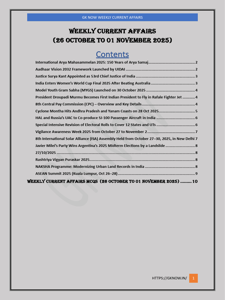 Weekly Curret Affairs 26 Oct To 01 Nov (English) | PDF