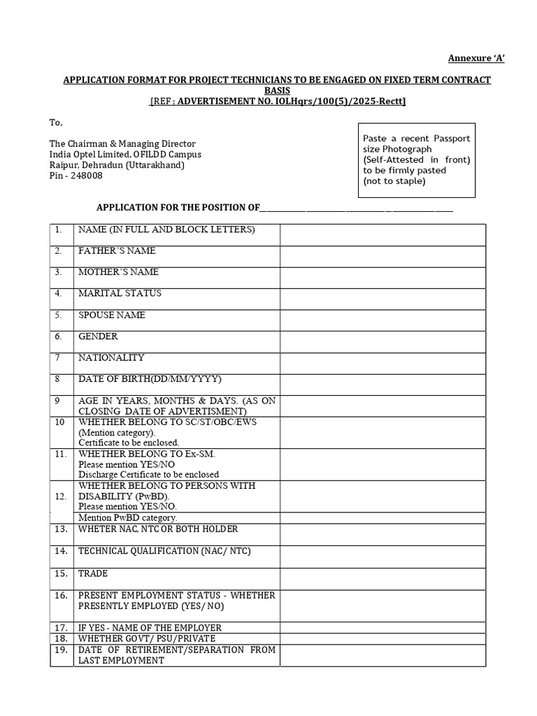 Project Technician Application Form | PDF