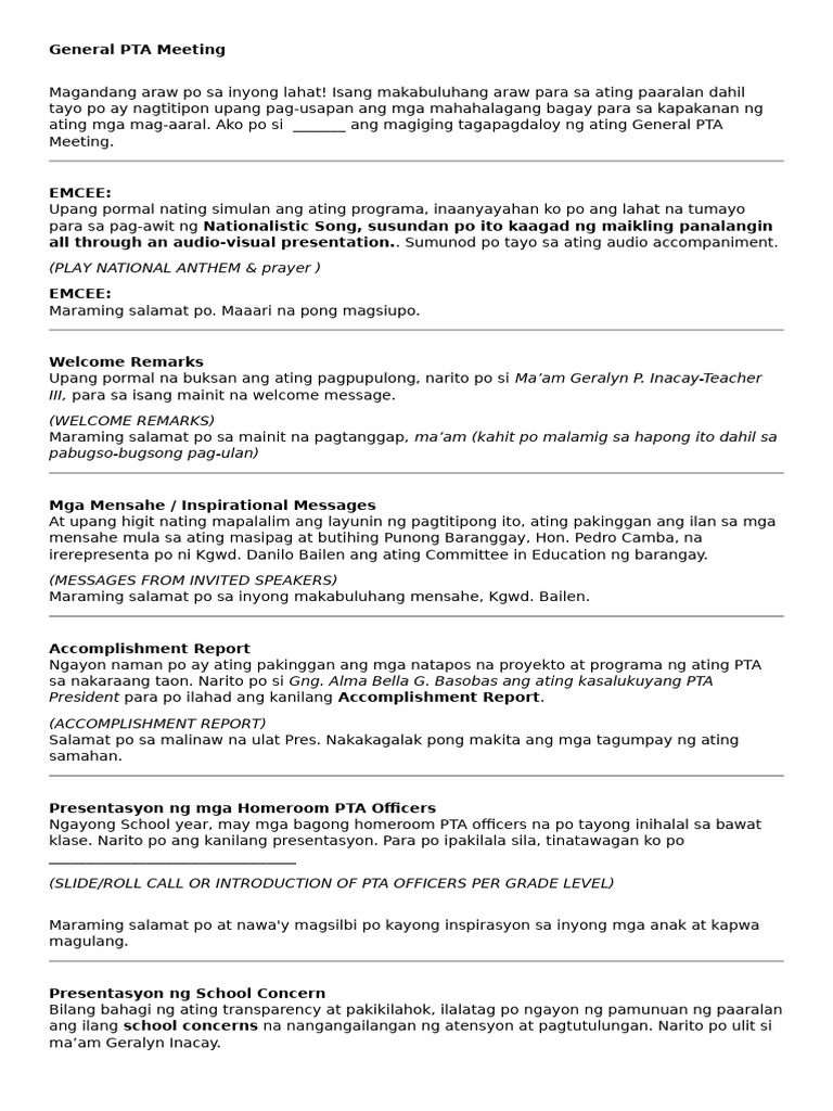 General PTA Meeting-Script | PDF
