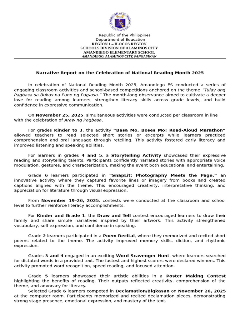 Narrative Report (Reading Month Celebration) 2025 | PDF | Storytelling ...