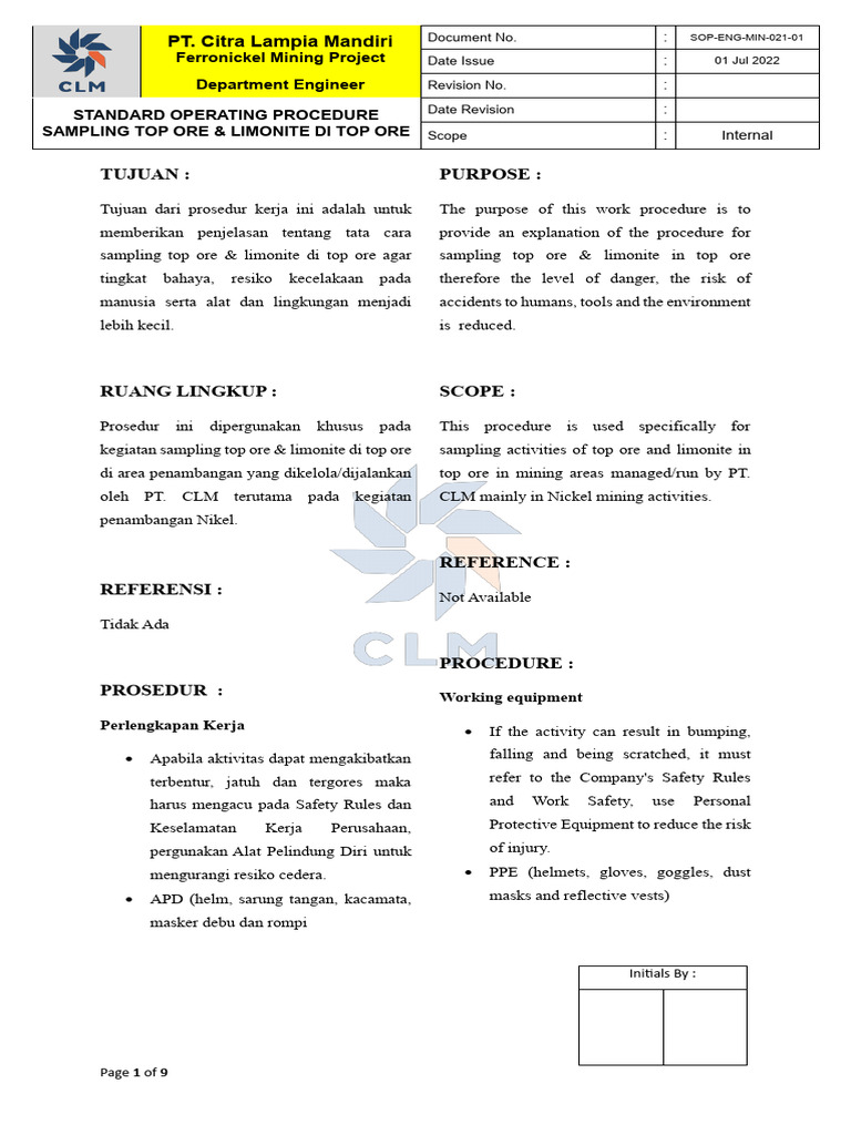 SOP-ENG-MIN-021-01 SAMPLING TOP ORE& LIMONITE DI TOP ORE | PDF ...