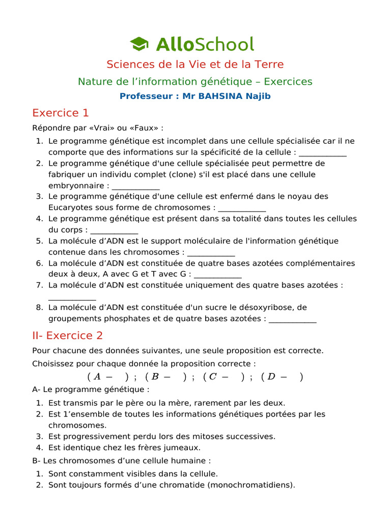 Exercices sur l'information génétique | PDF | Chromosome | Génétique