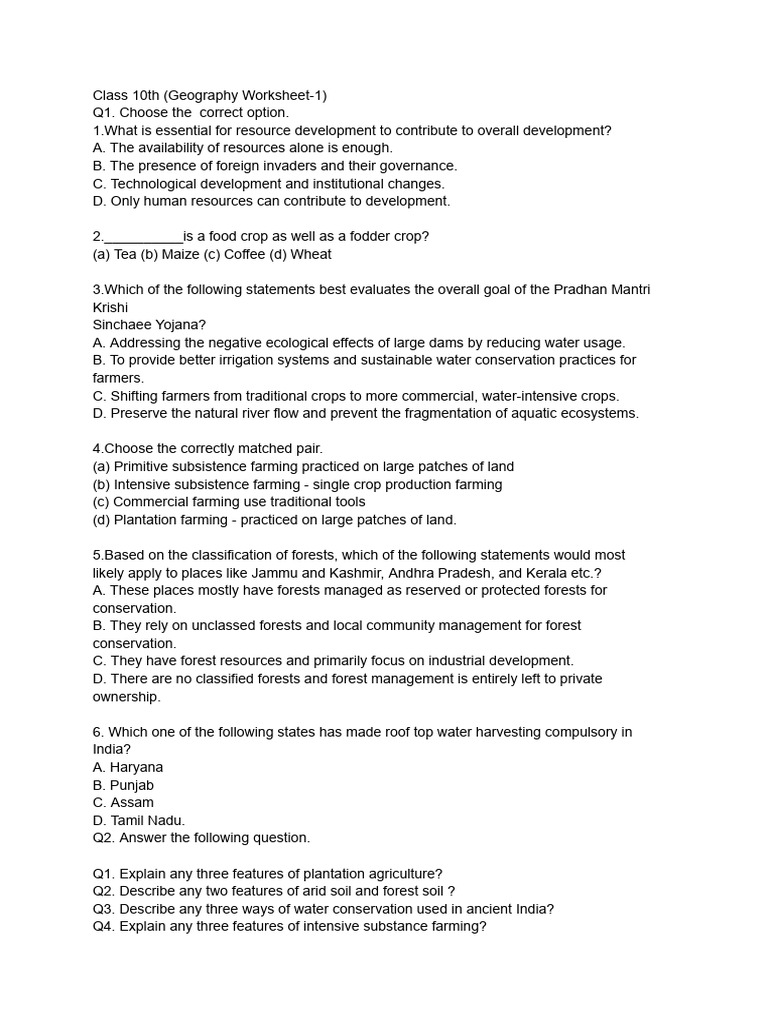 Class 10th (Geography Worksheet-1) | PDF