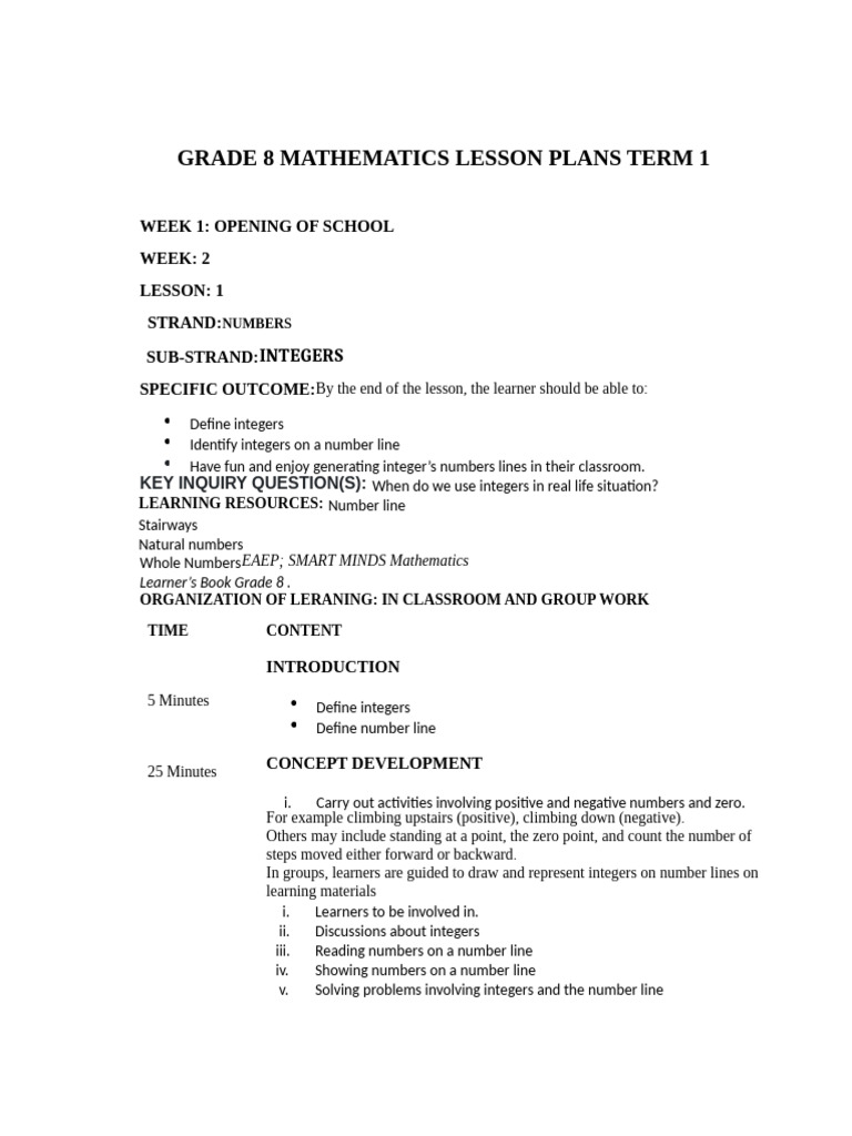 Grade 8 Math Lesson Plans: Integers & Fractions | PDF | Learning ...