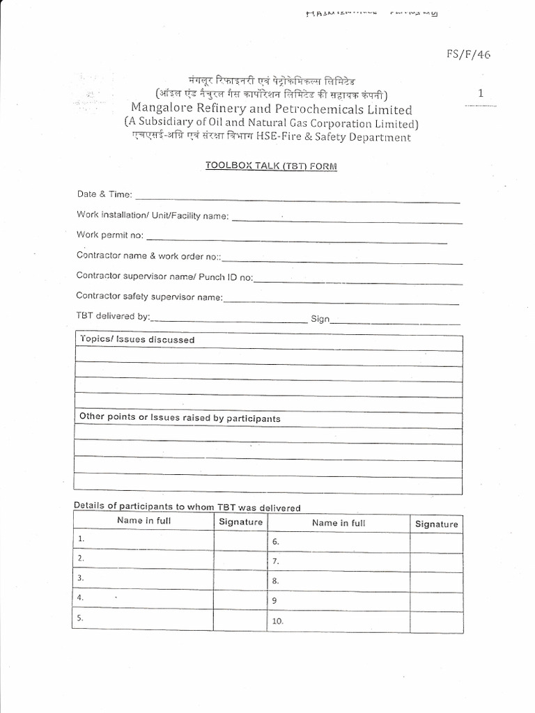 Toolbox Talk Form for Safety Training | PDF
