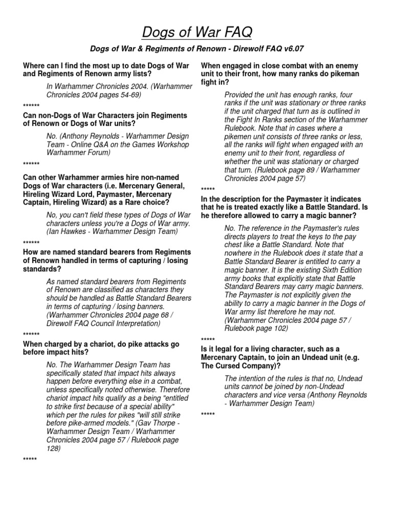 Dogs of War Rules & FAQs Guide | PDF | Role Playing Games | Tabletop Games