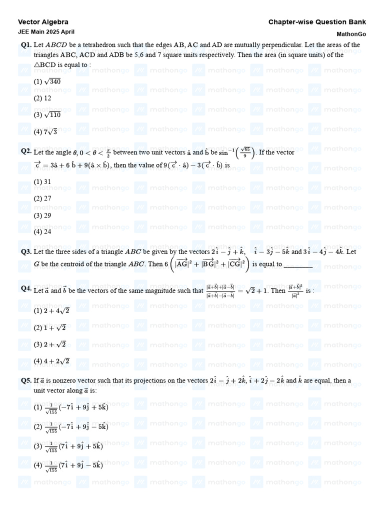 Vector Algebra Question Bank for JEE 2025 | PDF | Linear Algebra ...