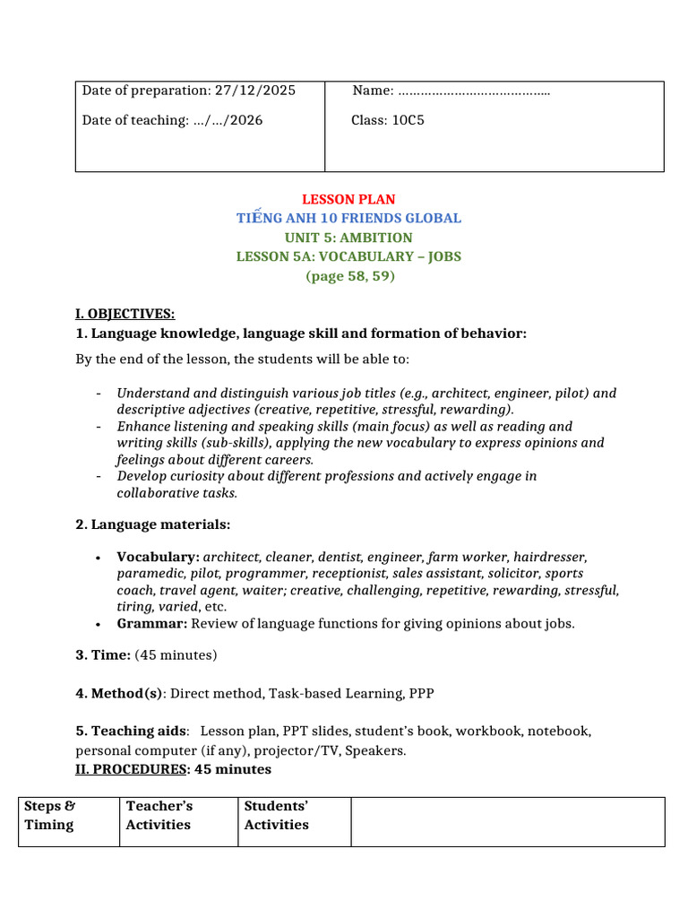 Unit 5A Vocabulary G10 | PDF | Vocabulary | Lesson Plan