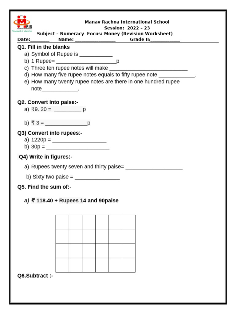 Grade 2 Money Revision Test | PDF