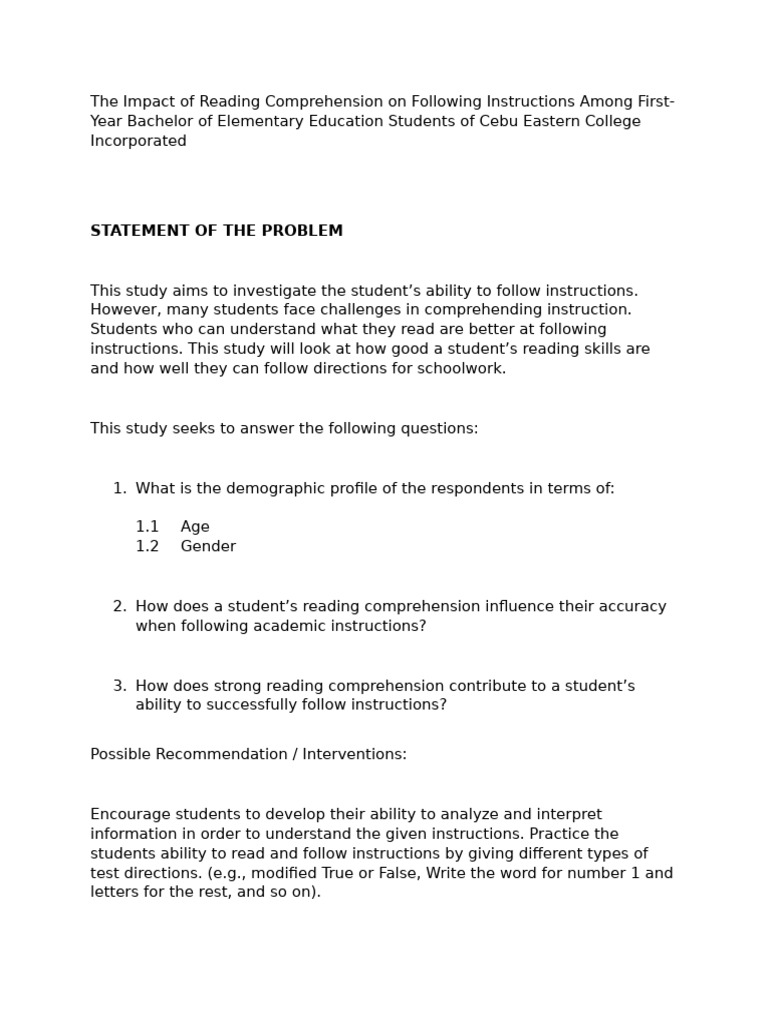 The Impact of Reading Comprehension on Following Instructions Among ...