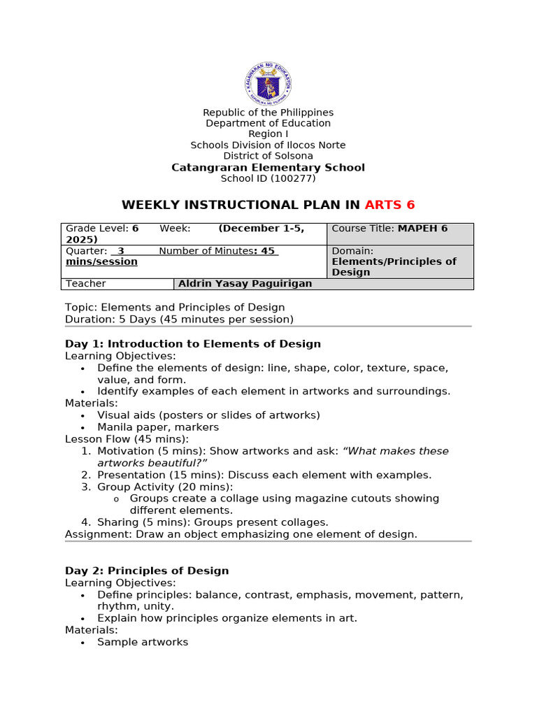 7e Lesson Plan - g6 Arts Mapeh Week 6 | PDF | Cognition | Learning