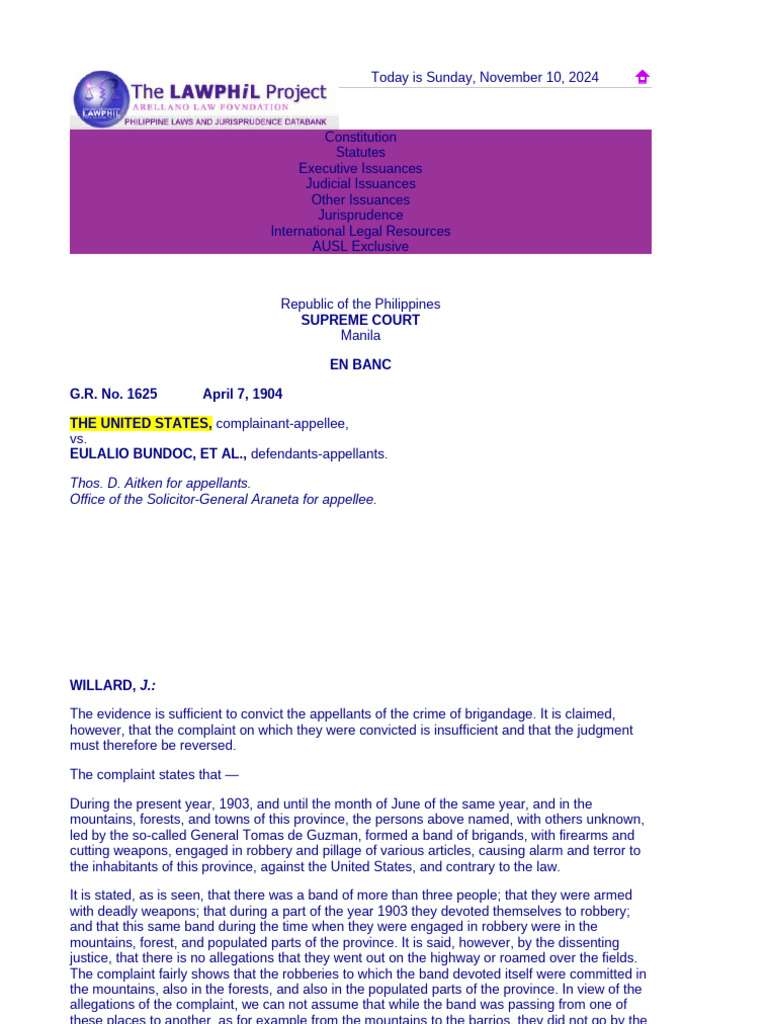 99 US v Bundoc 1904 Brigandage | PDF | Robbery | Justice