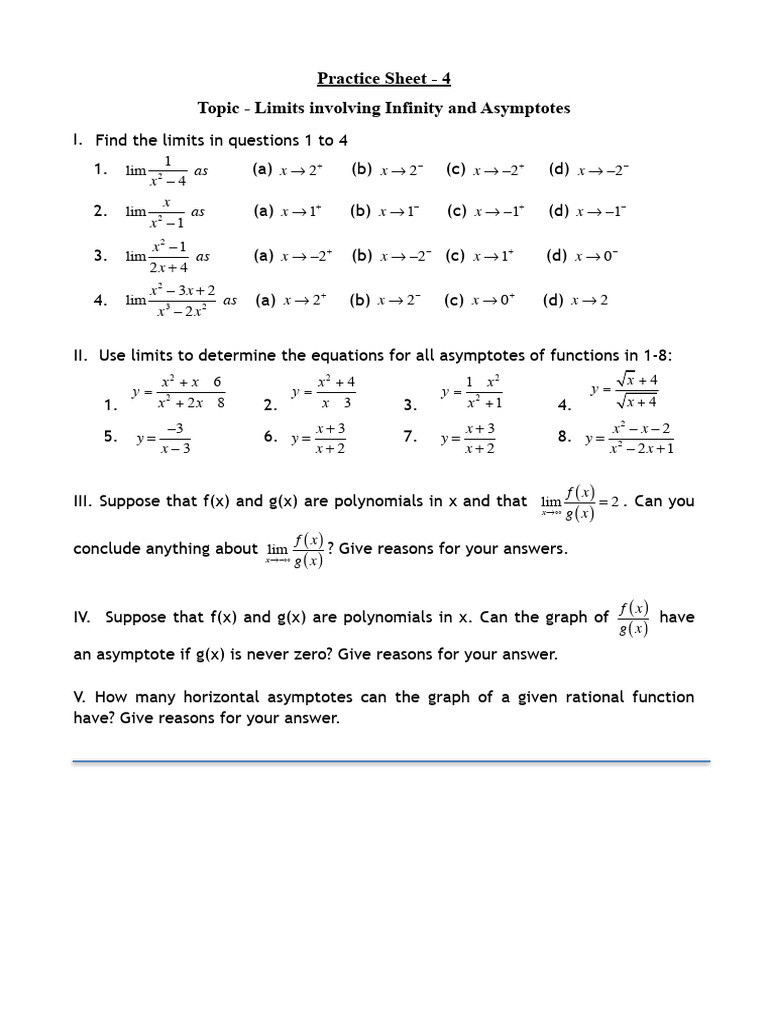 Practice Sheet 4 Limit And Asymptotes Pdf 8171
