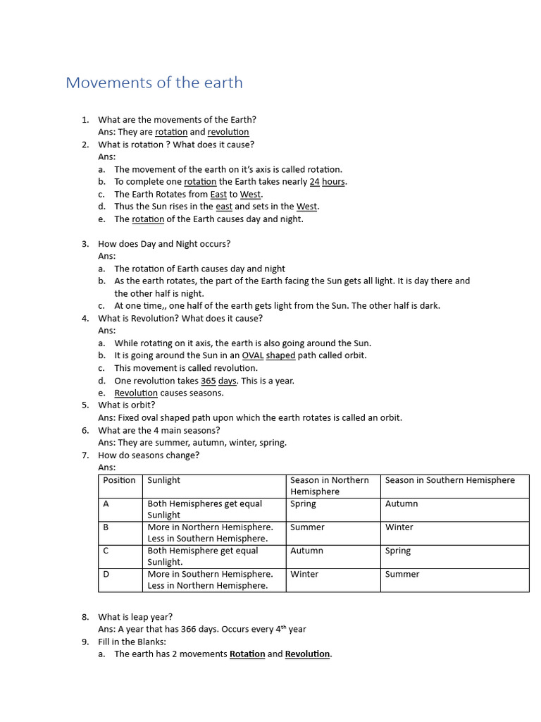 Movements of the Earth All Qs | PDF
