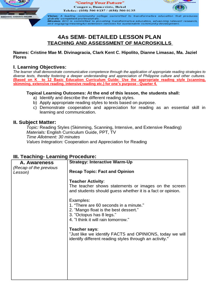 Ta Macroskills Lesson Plan Final | PDF | Speed Reading | Reading ...