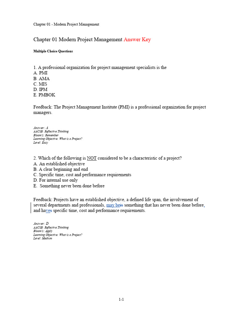 Chapter 01 Modern Project Management Answer Key Compress | PDF | Project Management | Thought
