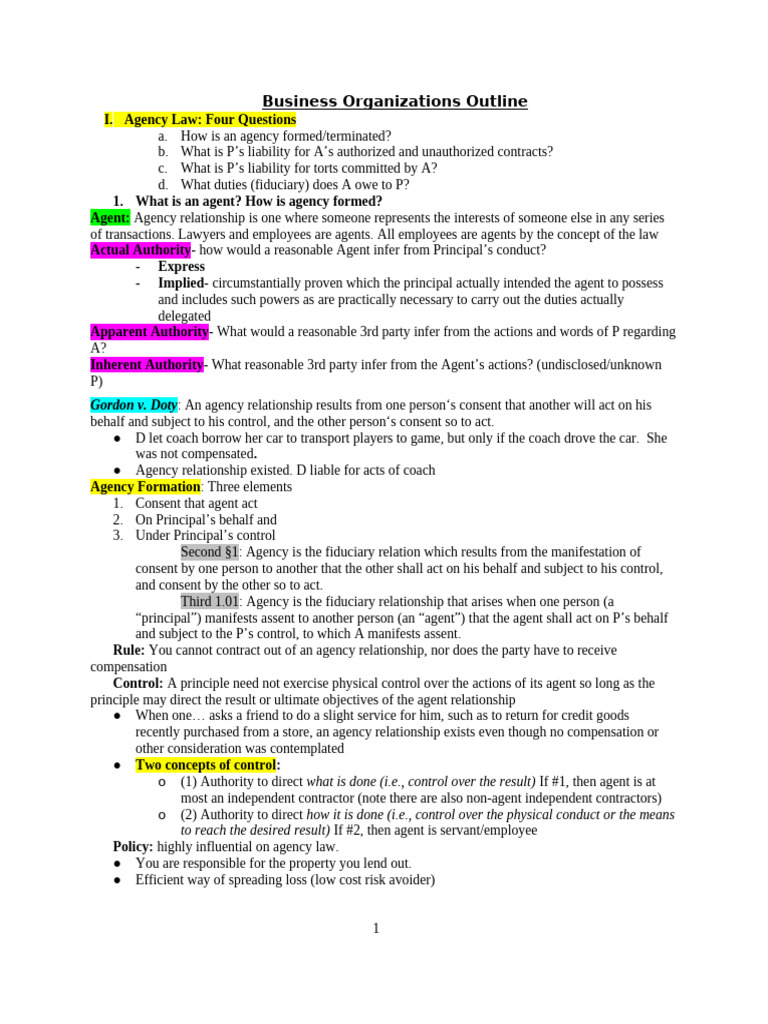 Business Organizations Outline | PDF | Legal Liability | Law Of Agency