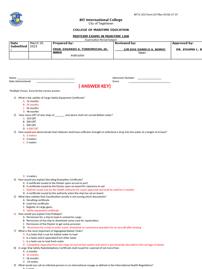 Marlaw Midterm Exams Ans Key | PDF | Ships | Sailor