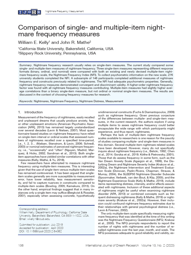 Comparing Nightmare Frequency Measures | PDF | Nightmare | Validity ...