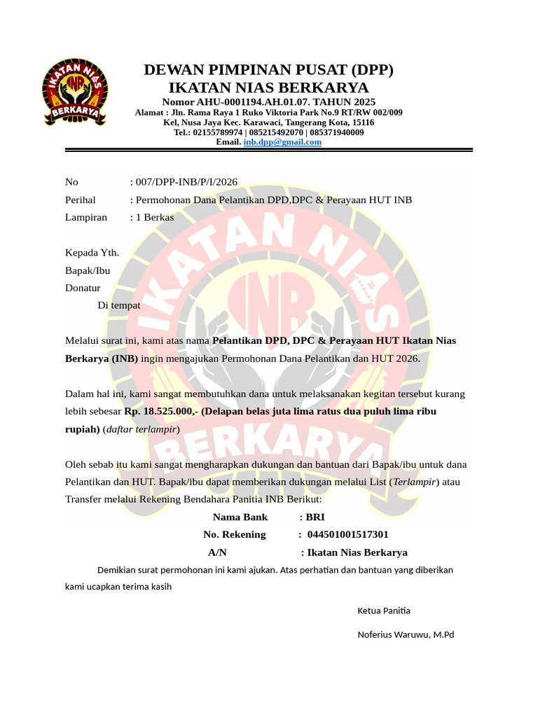 Permohonan Dana Pelantikan INB 2026 | PDF