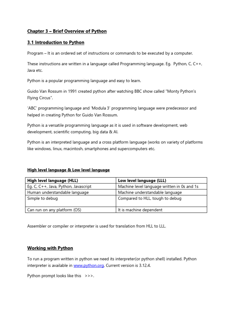 Notes - Chapter 3 - Brief Overview of Python - Till Loops | PDF ...