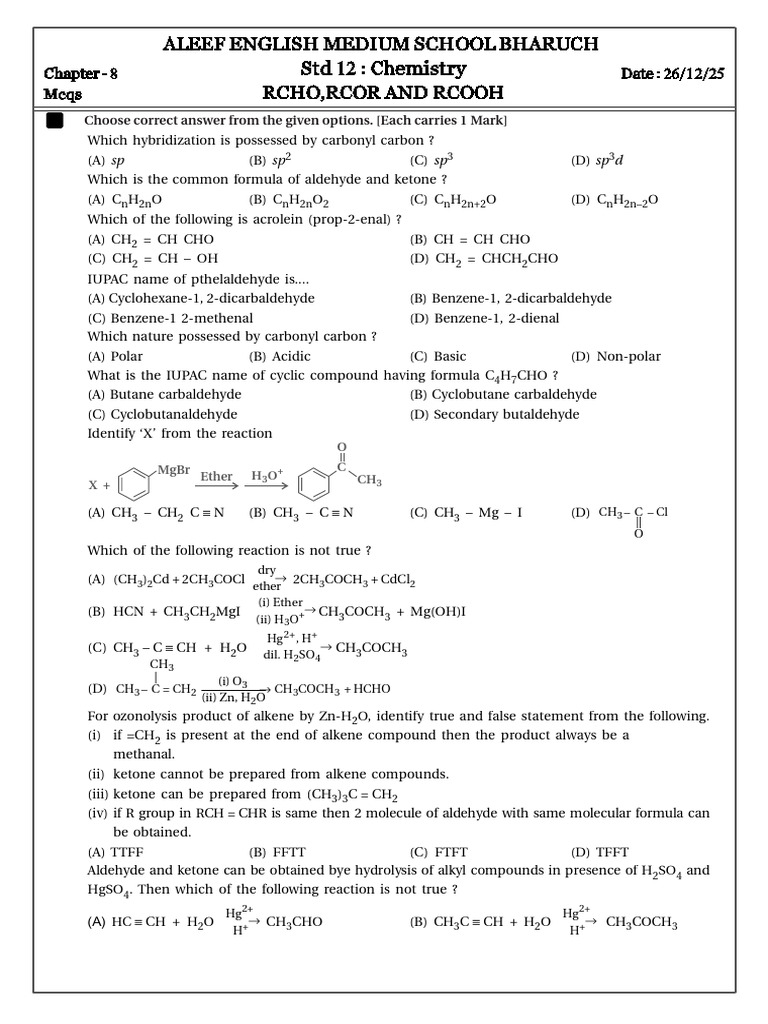 RCHO,RCORANDRCOOH_D26-Dec-2025 | PDF | Aldehyde | Carboxylic Acid