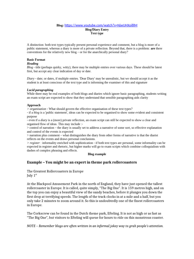 Blog Diary Entry Text Type | PDF | Diary
