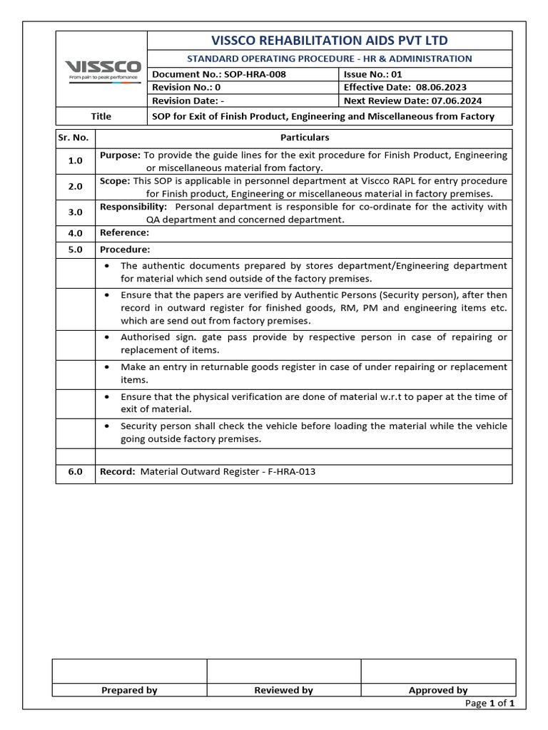 P10 SOP for Exit Procedure for FG | PDF
