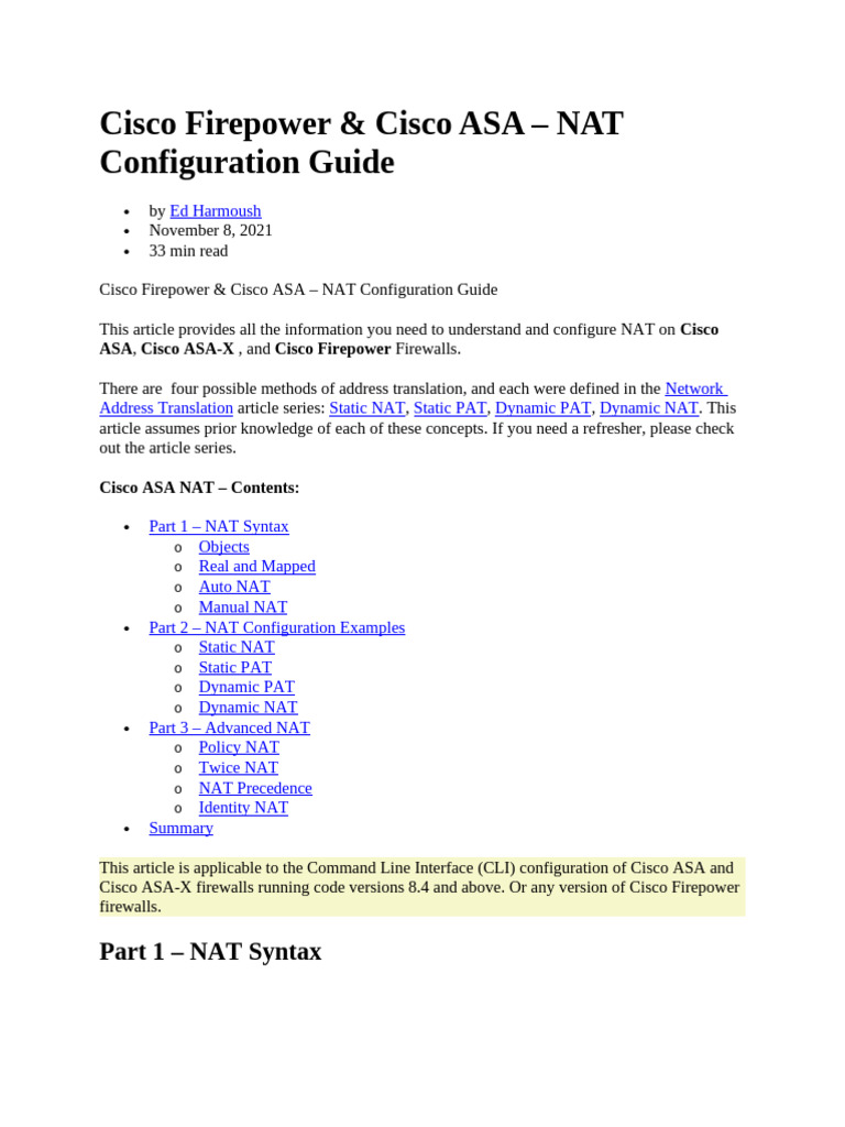 Cisco Asa Nat | PDF | Port (Computer Networking) | Ip Address