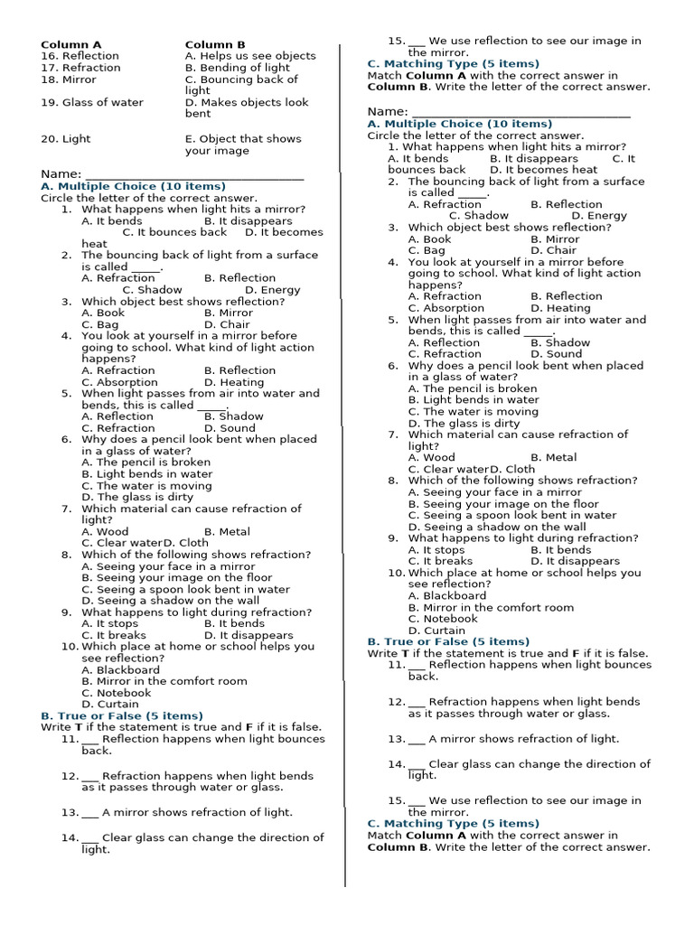 Light Reflection and Refraction Quiz | PDF | Reflection (Physics) | Mirror