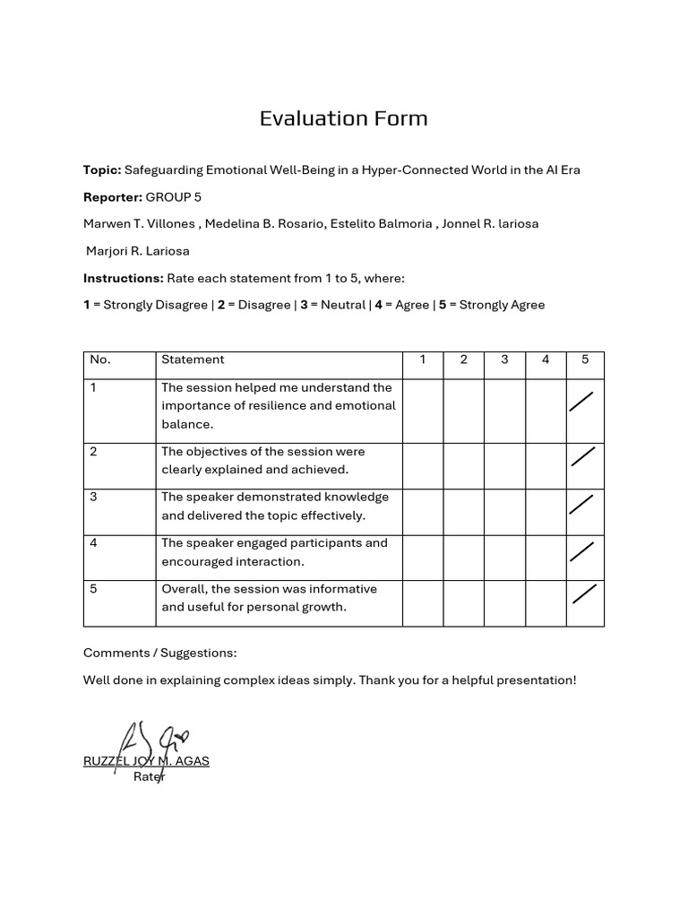 Emotional Well-Being Evaluation Form | PDF