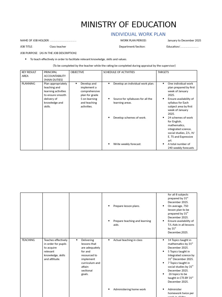 Class Teacher Individual Work Plan 2025 | PDF | Educational Assessment ...