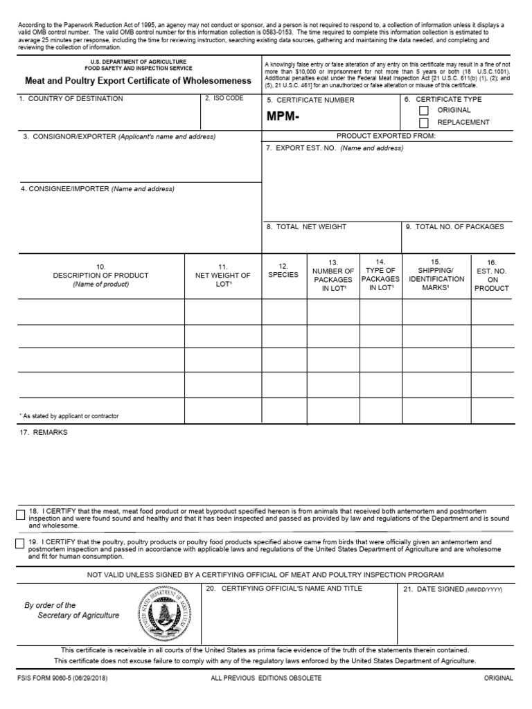 USDA Meat and Poultry Export Certificate | PDF | Food Industry