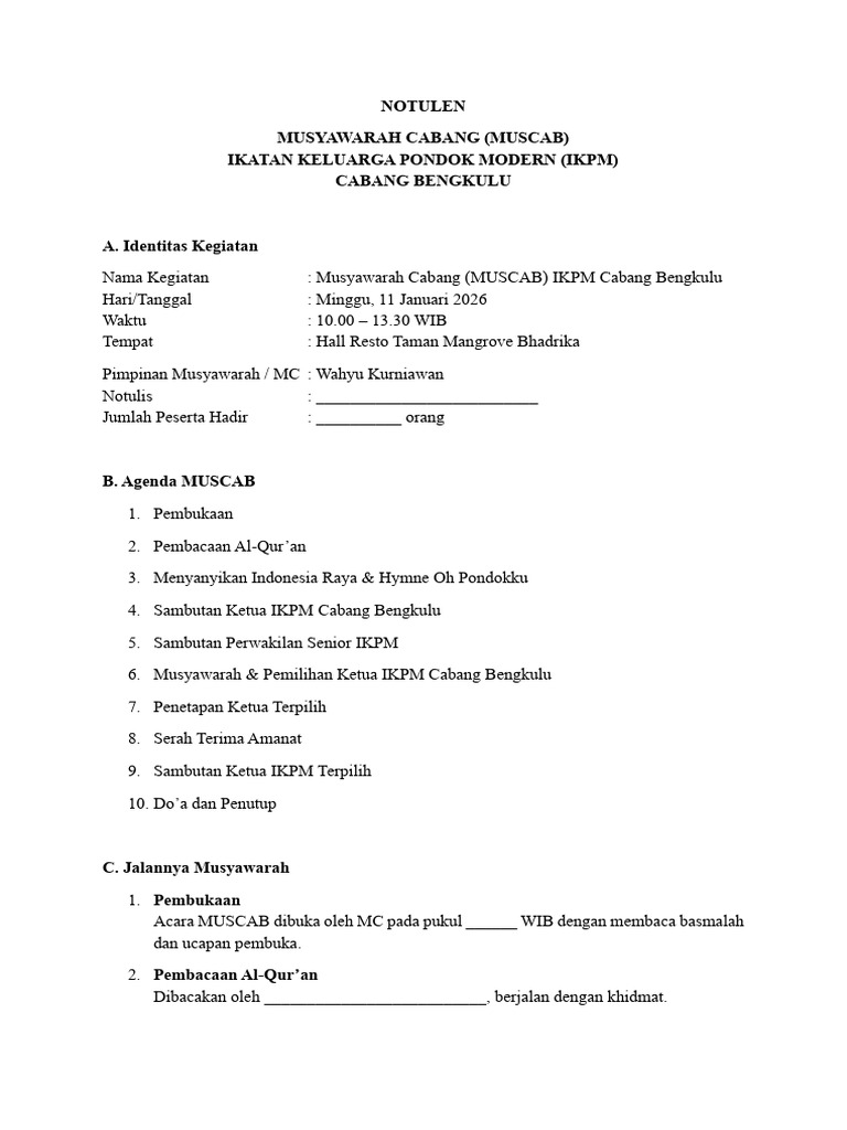 Notulen MUSCAB IKPM Bengkulu 2026 | PDF