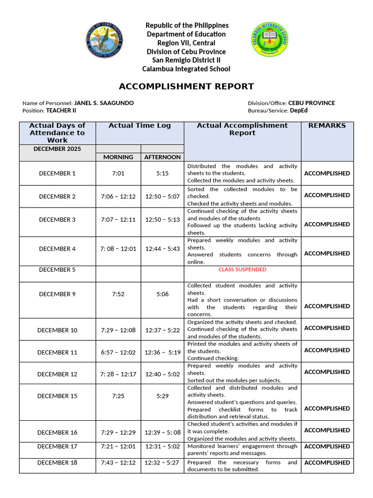Cebu Province Teacher Accomplishment Reports | PDF | Learning