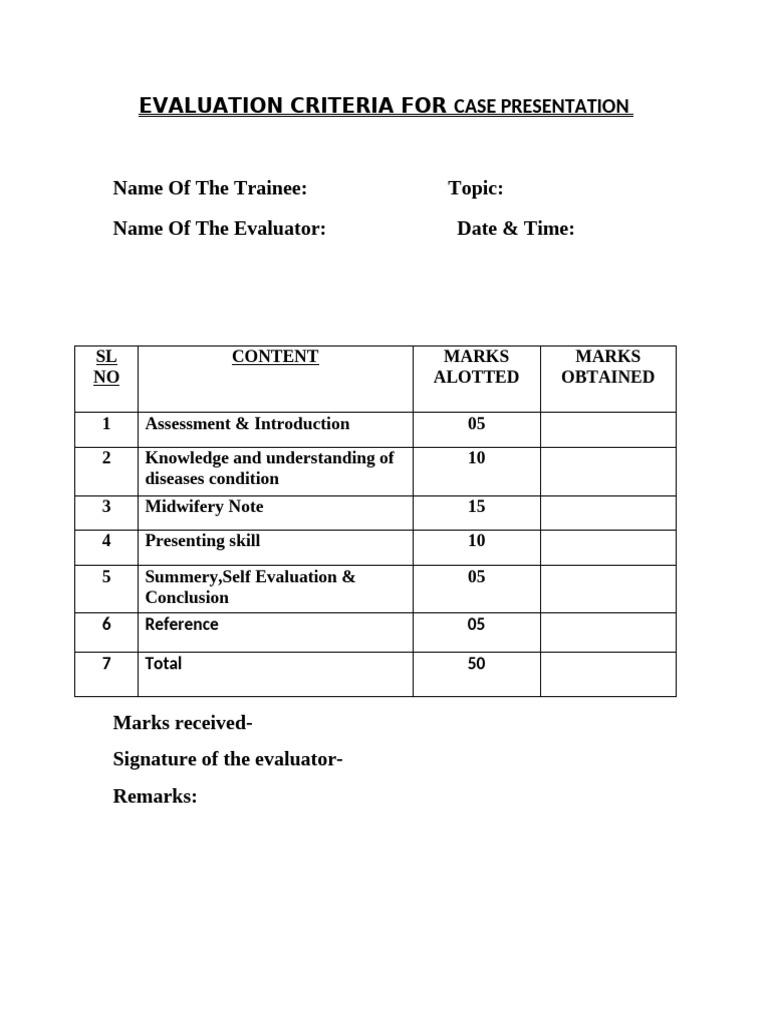 Case Presentation EVALUATION Sheet | PDF
