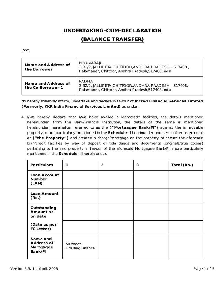 Balance Transfer Declaration Form | PDF | Mortgage Law | Mortgages