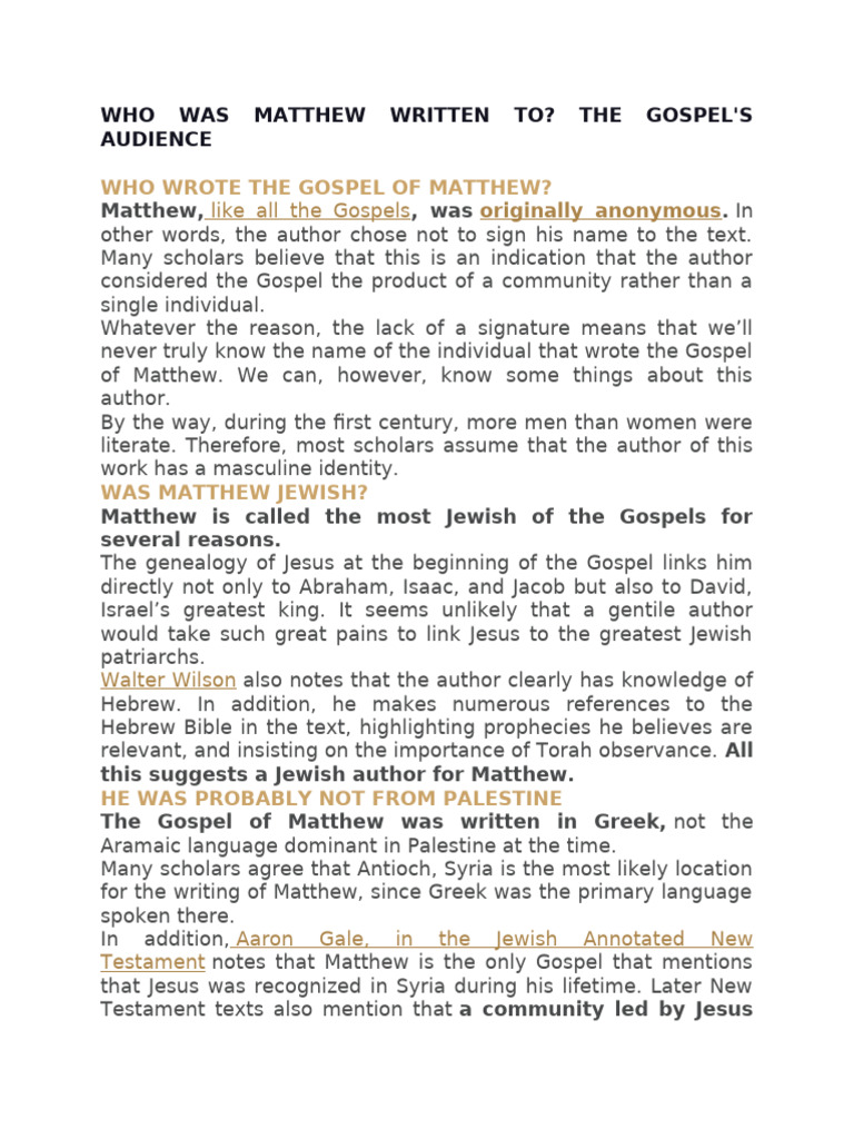Audience of the Gospel of Matthew | PDF | Gospel Of Matthew | Jesus