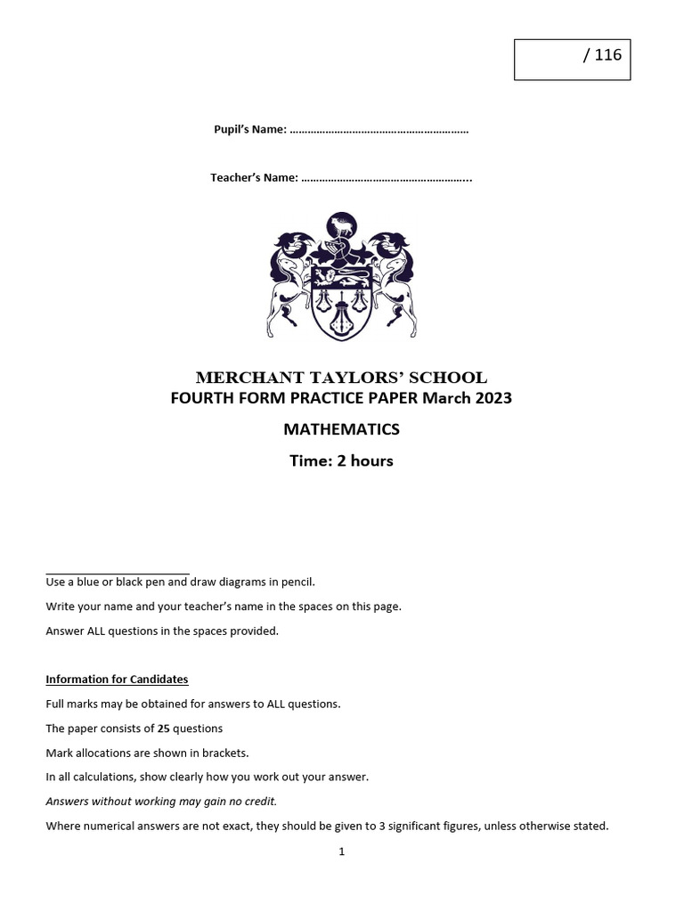 02 4th form practice paper Mar 2023 | PDF | Mathematics
