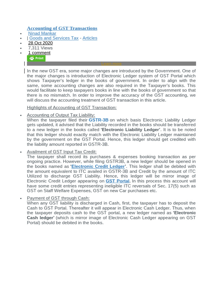 Accounting of GST Transactions | PDF | Debits And Credits | Taxation