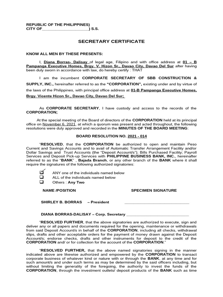 Secretary's Certificate SAMple Maybank | PDF | Banks | Credit