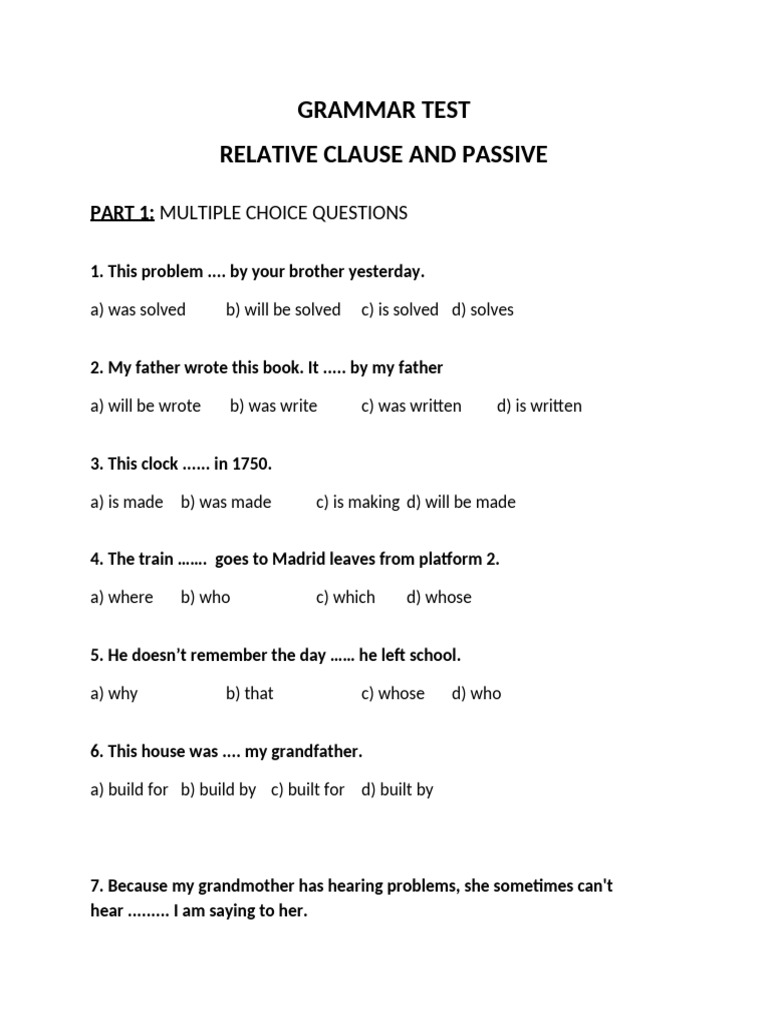Grammar Test _ Relative Clause and Passive Voice | PDF