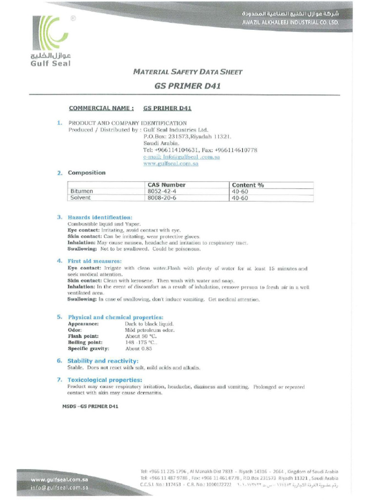 Primer - GS Primer D41 MSDS | PDF