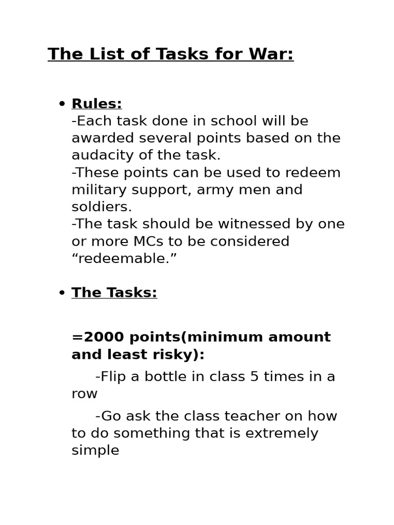 Creative School War Task List | PDF | Military