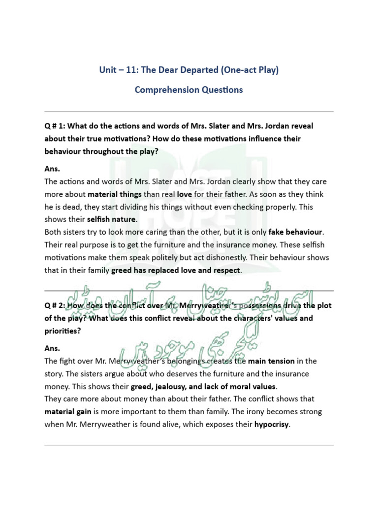 Unit 11 The Dear Departed One Act Play Watermark Compressed | PDF ...