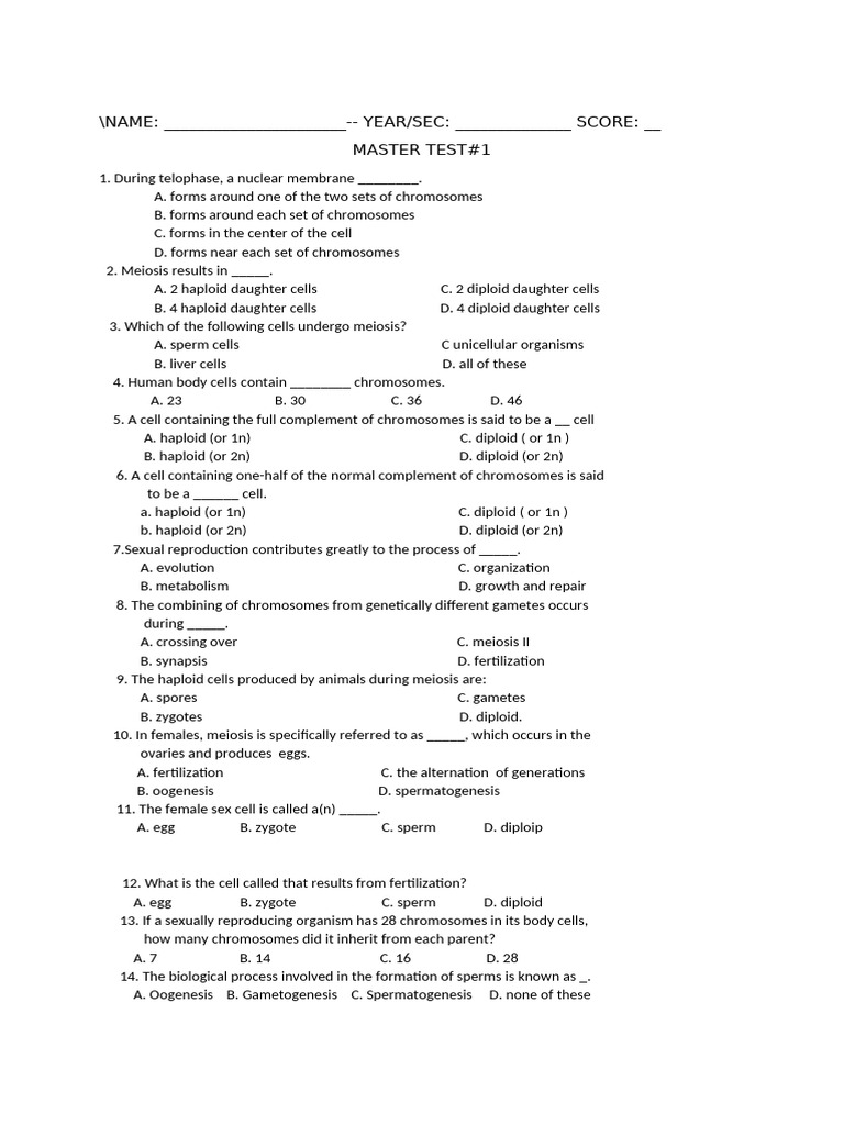 Mastery Test1 (1) | PDF | Ploidy | Sexual Reproduction