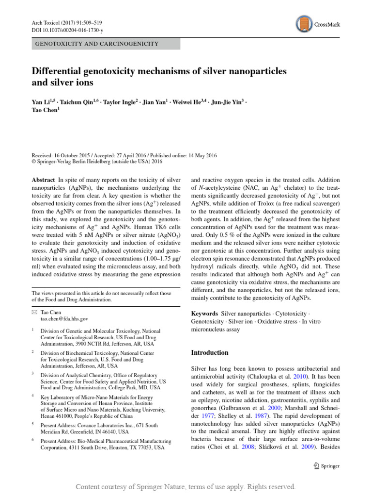 Differential Genotoxicity Mechanisms of Silver Nan | PDF | Reactive ...