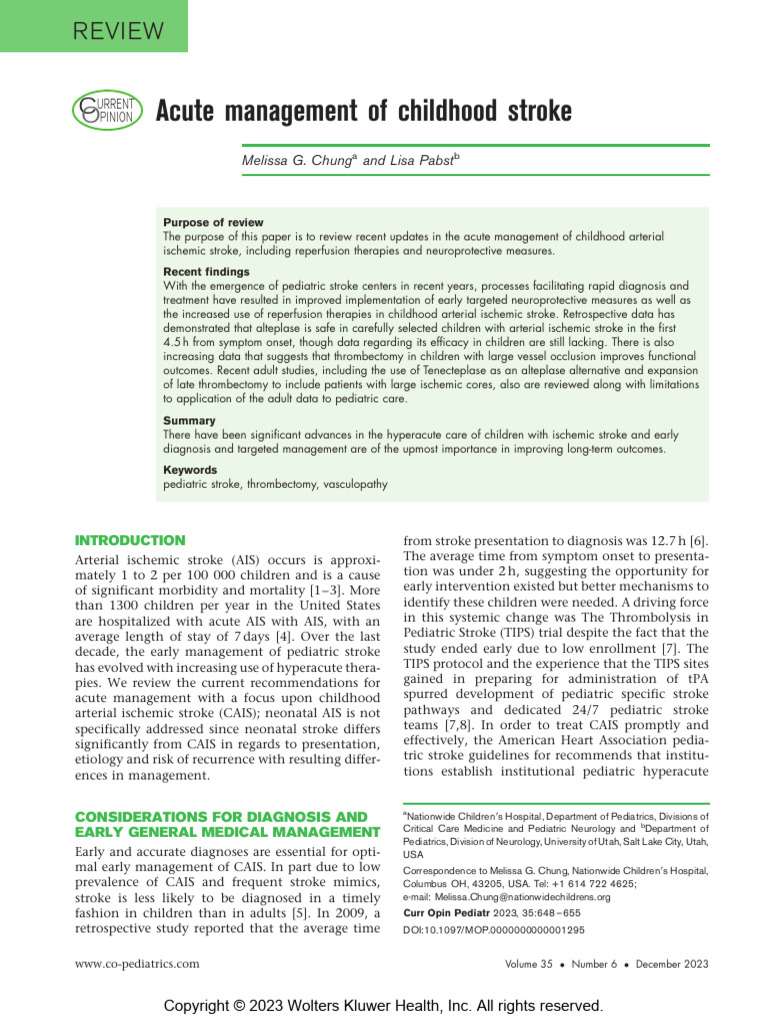 Acute Management of Childhood Stroke | PDF | Stroke | Ischemia