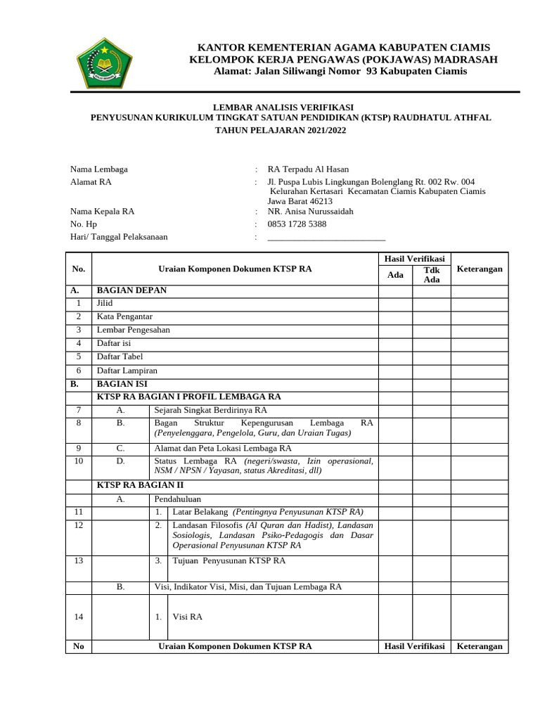 Verifikasi KTSP RA Ciamis 2021/2022 | PDF