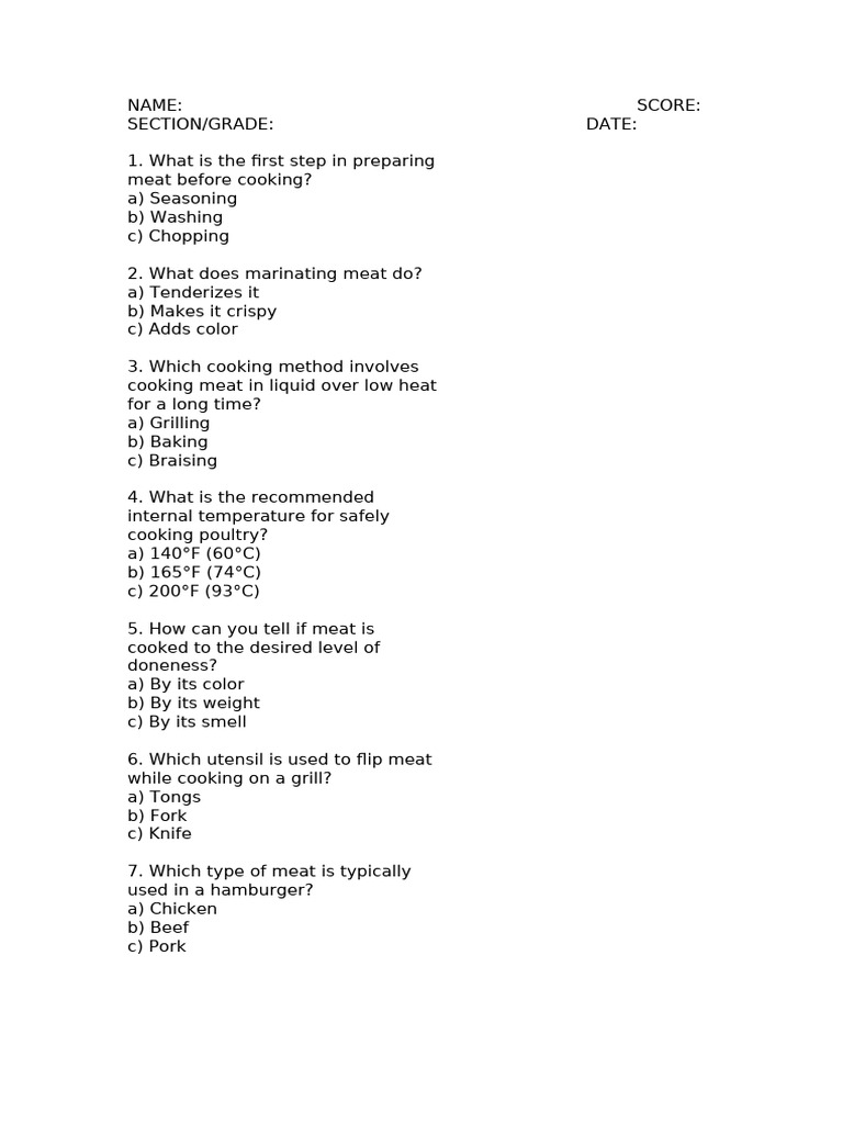 Meat Cooking Preparation Quiz | PDF